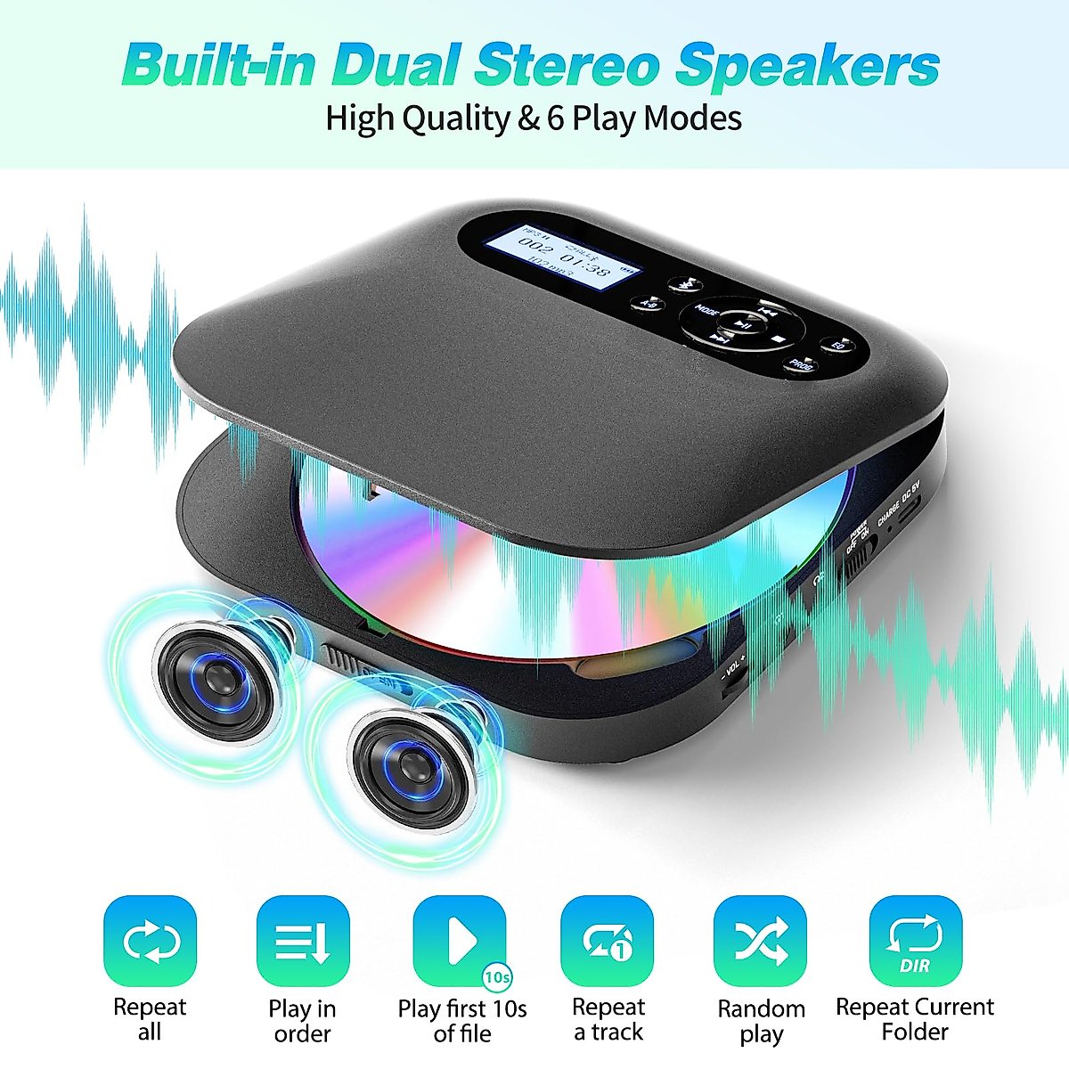Desobry CD Player Portable, Bluetooth CD Player with Speakers, Portable CD Players for Home, Rechargeable Walkman CD Player for car with LCD Screen Anti-Skip Small CD Player with Dual Headphone Jacks