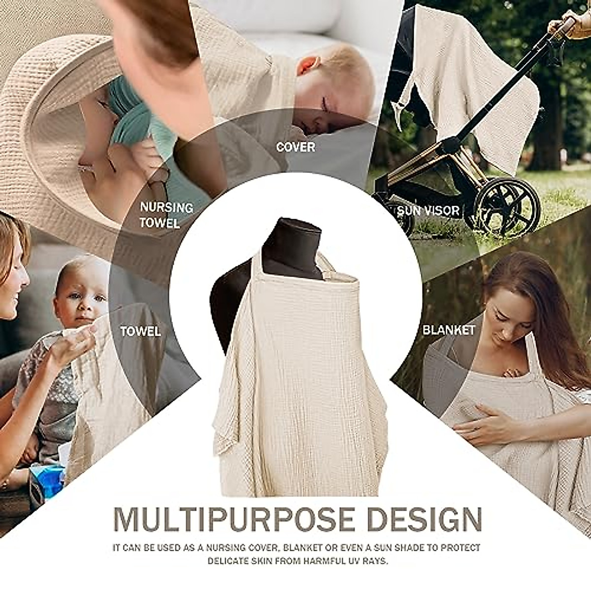 HealthSTEC Baby Nursing Cover - 360° Full Privacy Breathable Cotton Built-in Burp Cloth & Pocket - Versatile Cover for Breastfeeding Car Seat Shopping Cart Stroller (Khaki)