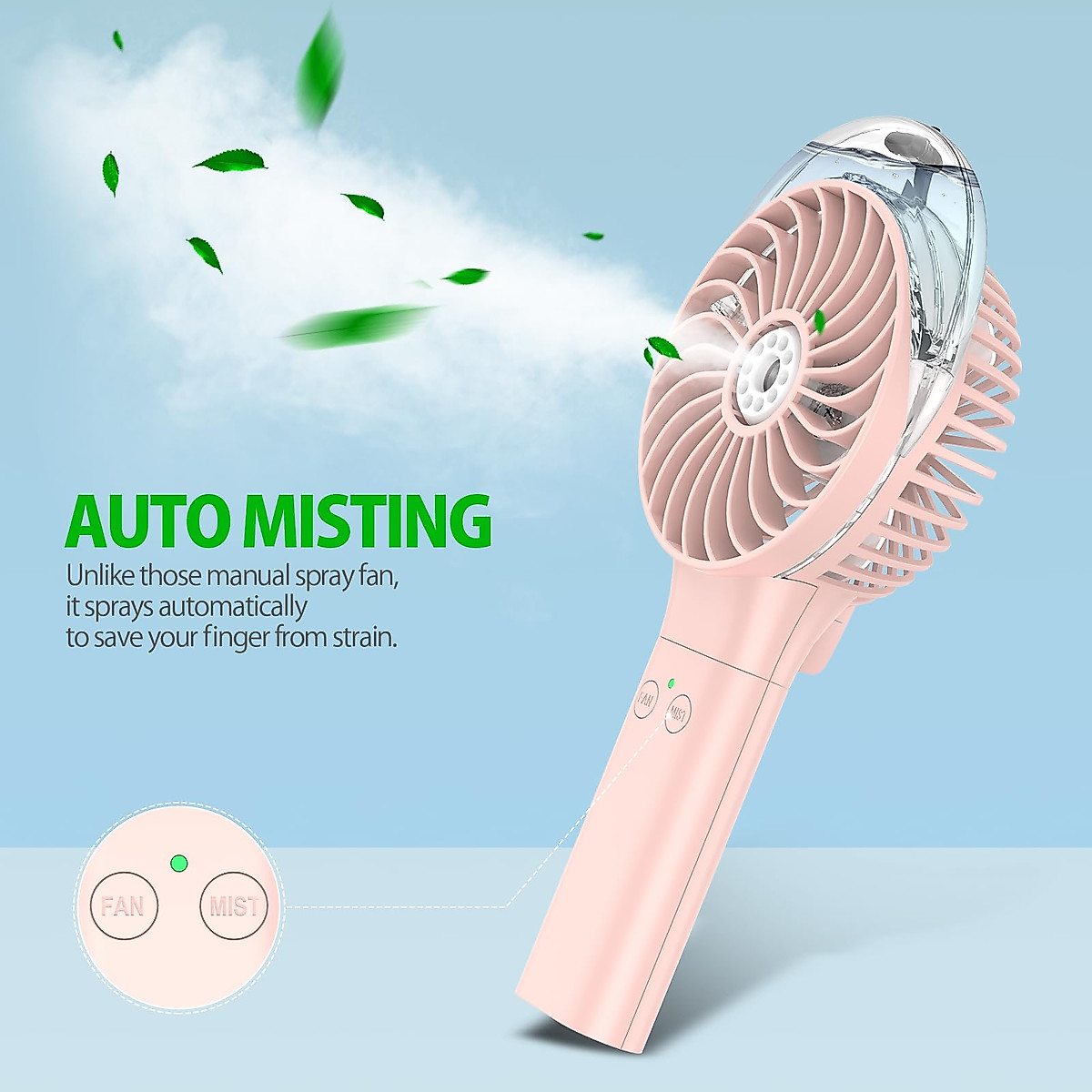 MORECORE Portable Handheld Misting Fan, Battery Operated Personal Spray Water Mist Fan, Rechargeable Mister Fan, Mini Foldable Fan for Disney Travel Makeup Beach Outdoors (Pink)