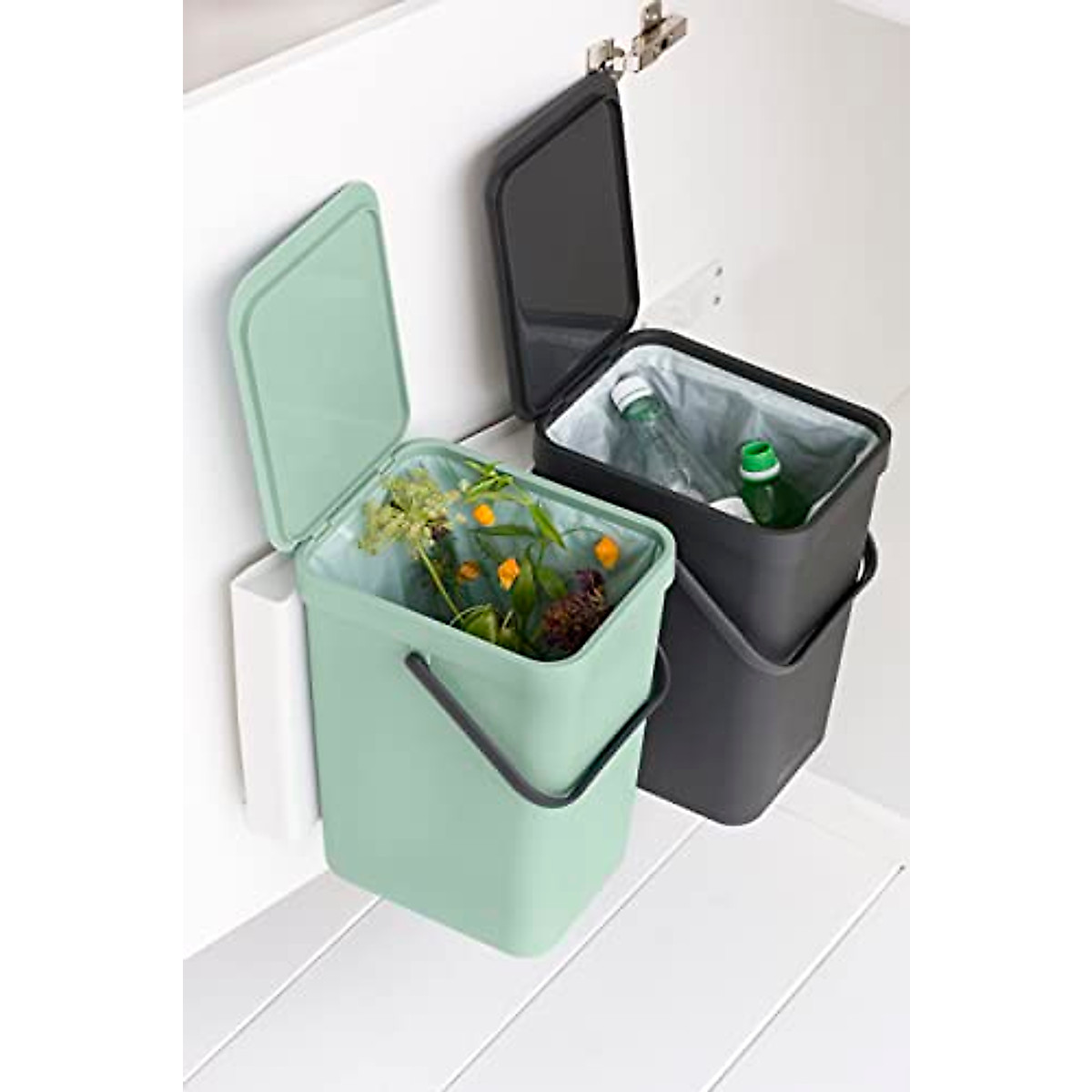 Brabantia Sort & Go Built-in Cupboard Recycling Cans (2 x 4.2 Gal/Dark Gray & Jade Green) Double Door Mounted Trash Organisers with Handles & Removable Lids