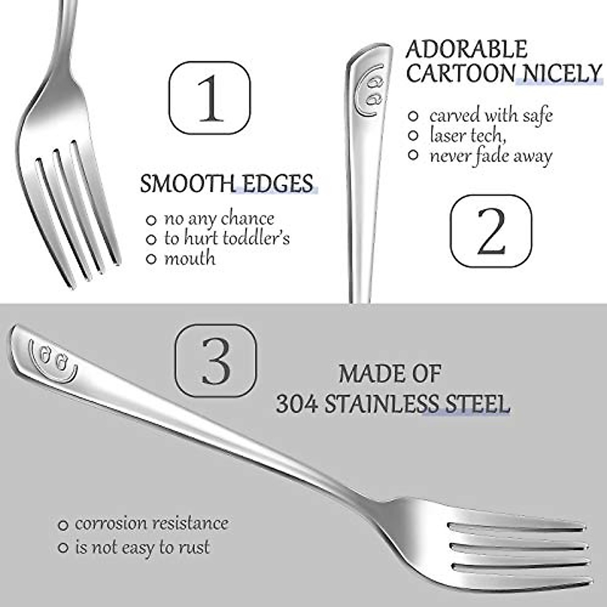 8 Pieces Kids Utensils Stainless Steel Kids Toddler Flatware Kids Spoon and Fork Set Includes 4 Spoon and 4 Fork with Smile Mirror Polished for Children Daily Use Preschooler (Silver)