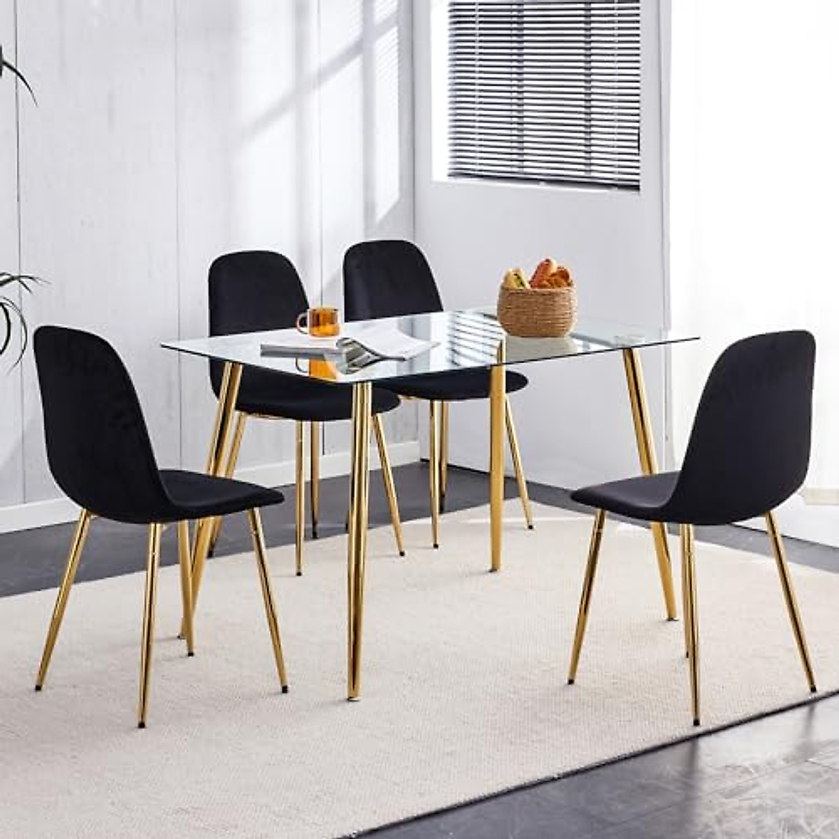 Mid Century Modern Dining Chairs Set of 4, Kitchen & Dining Room Chairs with Soft Velvet Fabric Cover Cushion Seat and Golden Metal Legs, Dining Chair for Living Rooms and Farmhouses,Black 1,Set Of 4