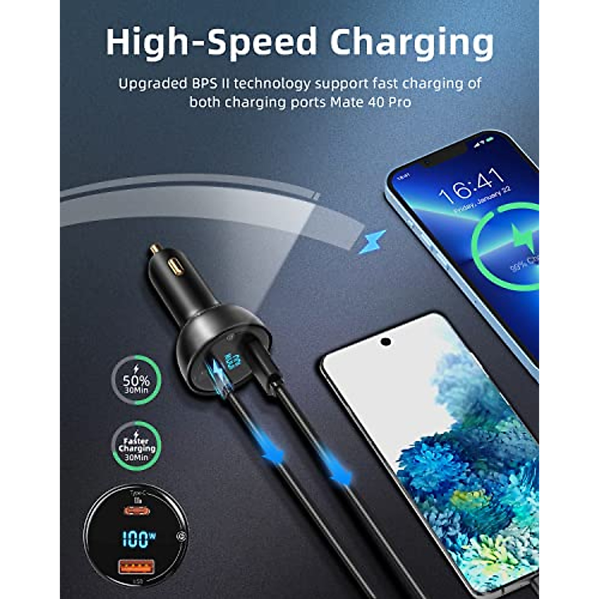 100W USB C Car Charger, Baseus PD3.0 QC4.0 PPS Super Fast Charging Type C Car Charger with LED Display Adapter for iPhone 14/13/ Pro Max Samsung Galaxy S22/S21 Ultra/Tab S8 iPad MacBook Laptop