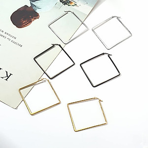 3 Pairs Big Square Hoop Earrings for Women, Geometric Symmetrical Flat Stainless Steel Plated in Gold-Silver-Black, 70mm