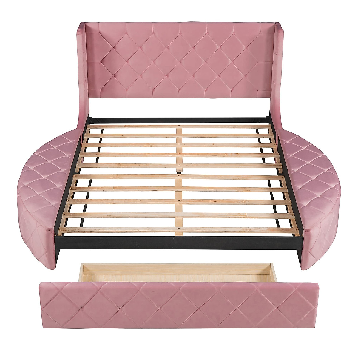 VilroCaz Queen Size Upholstered Platform Bed with Wingback Headboard, Velvet Platform Bed Mattress Foundation with 1 Big Drawer and 2 Side Storage Stool, Strong Wood Slats Support (Pink-S)