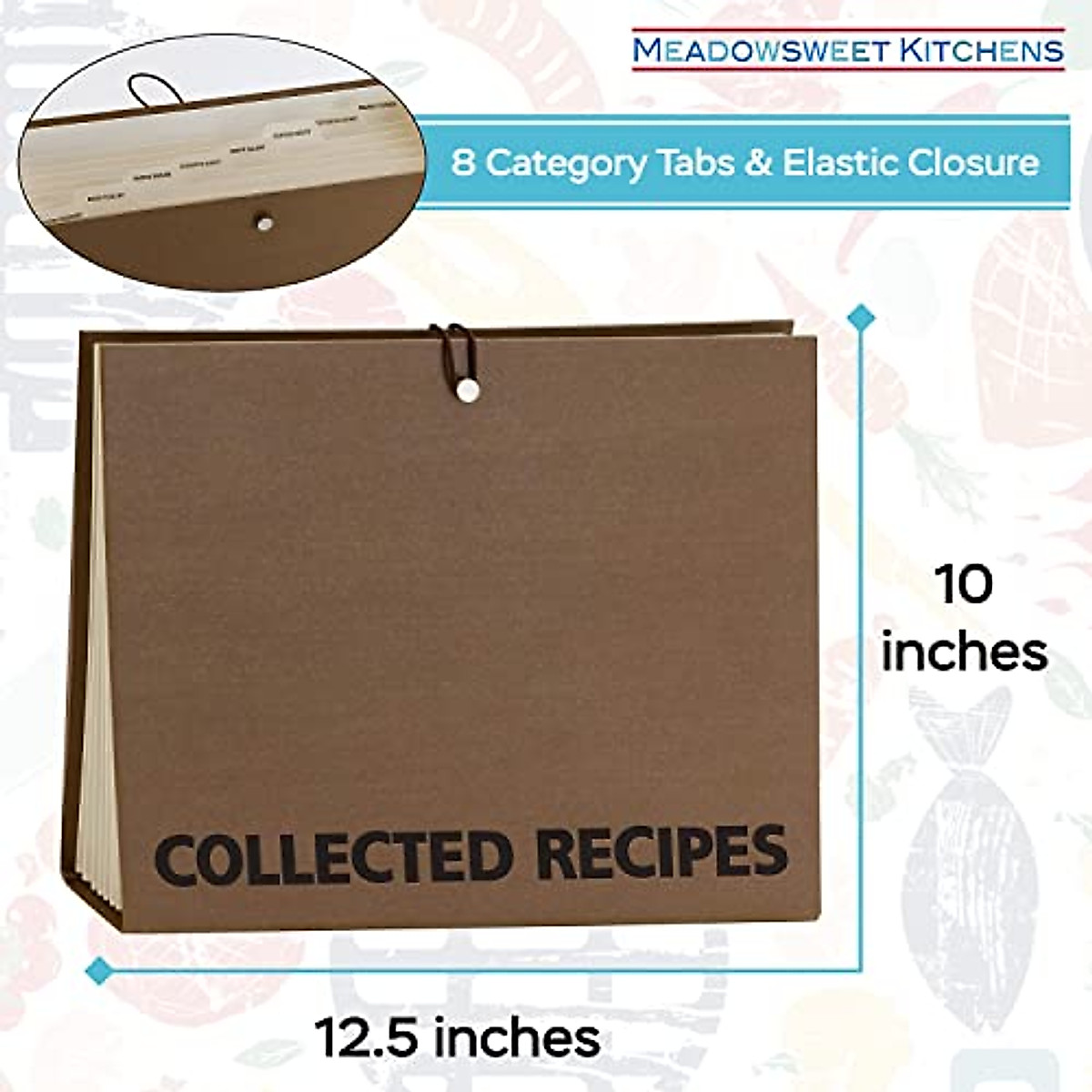 Meadowsweet Kitchens File Organizer for Recipes - Expanding Recipe File Folder Organizer with Dividers, Accordion Style Organizer for Recipe Cards, Clippings, Full Size Recipes - Brown & Metallic