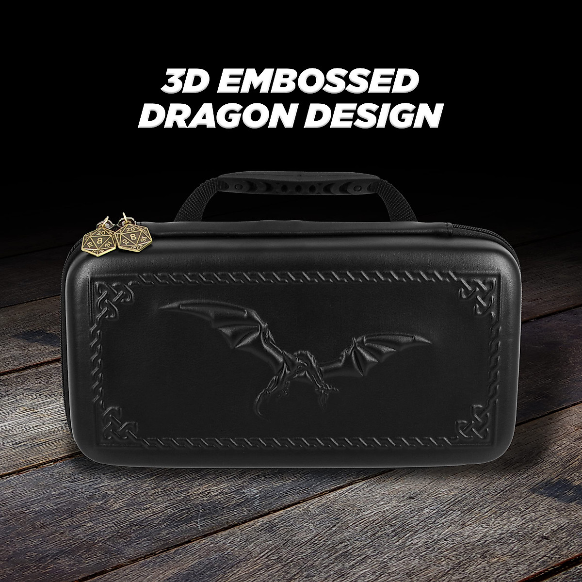 CASEMATIX Dice Box and Card Case for 9 Sets of RPG Dice, Spell Cards, Counters and Other Accessories - Hard Shell Dice Holder with Embossed Dragon Design, Carry Handle and Dice Tray Functionality