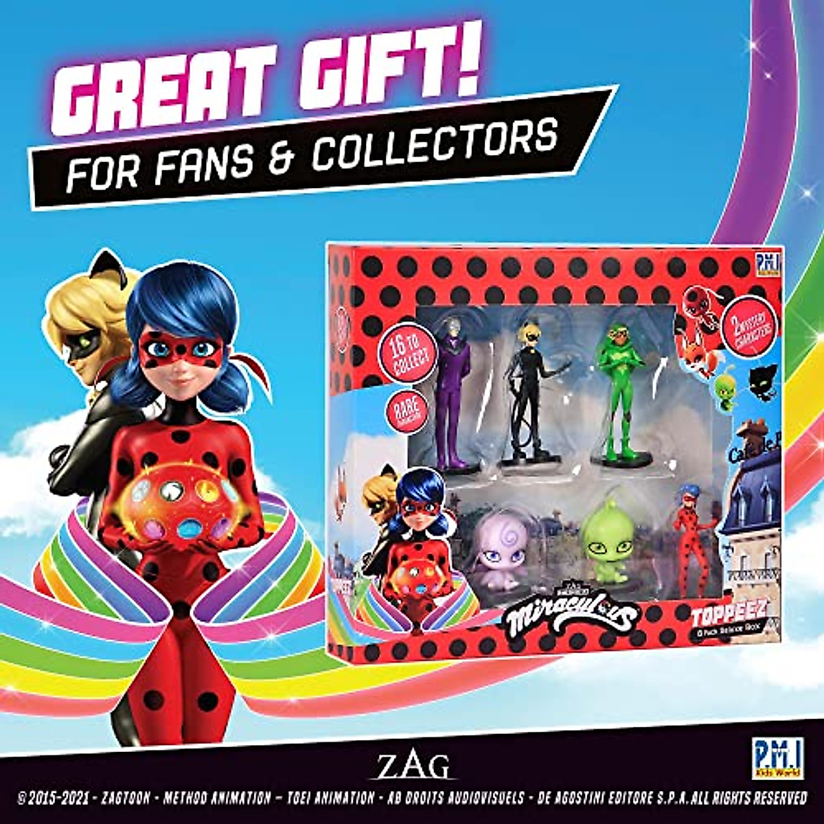 P.M.I. Miraculous Ladybug Designs Topeez | 8 Miraculous Ladybug Topeez Out of 16 Designs in 1 Pack | 6 Topeez and 2 Rare Hidden Mystery Topeez (Assortment B)