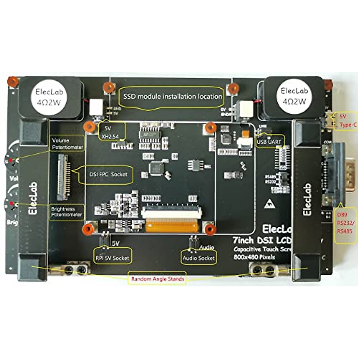 ElecLab 7 Inch 800x480 DSI Touchscreen Monitor Capacitive LCD Display RS232/RS485 Speaker Bracket for RPI 4B 3B+ 3B 3A+ 2B B+