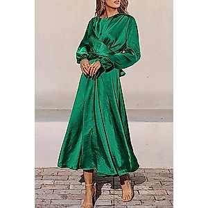 PRETTYGARDEN Women's Fall Fashion 2023 Long Sleeve Satin Dress Tie Back Casual Flowy Midi Dresses (Dark Green,Medium)