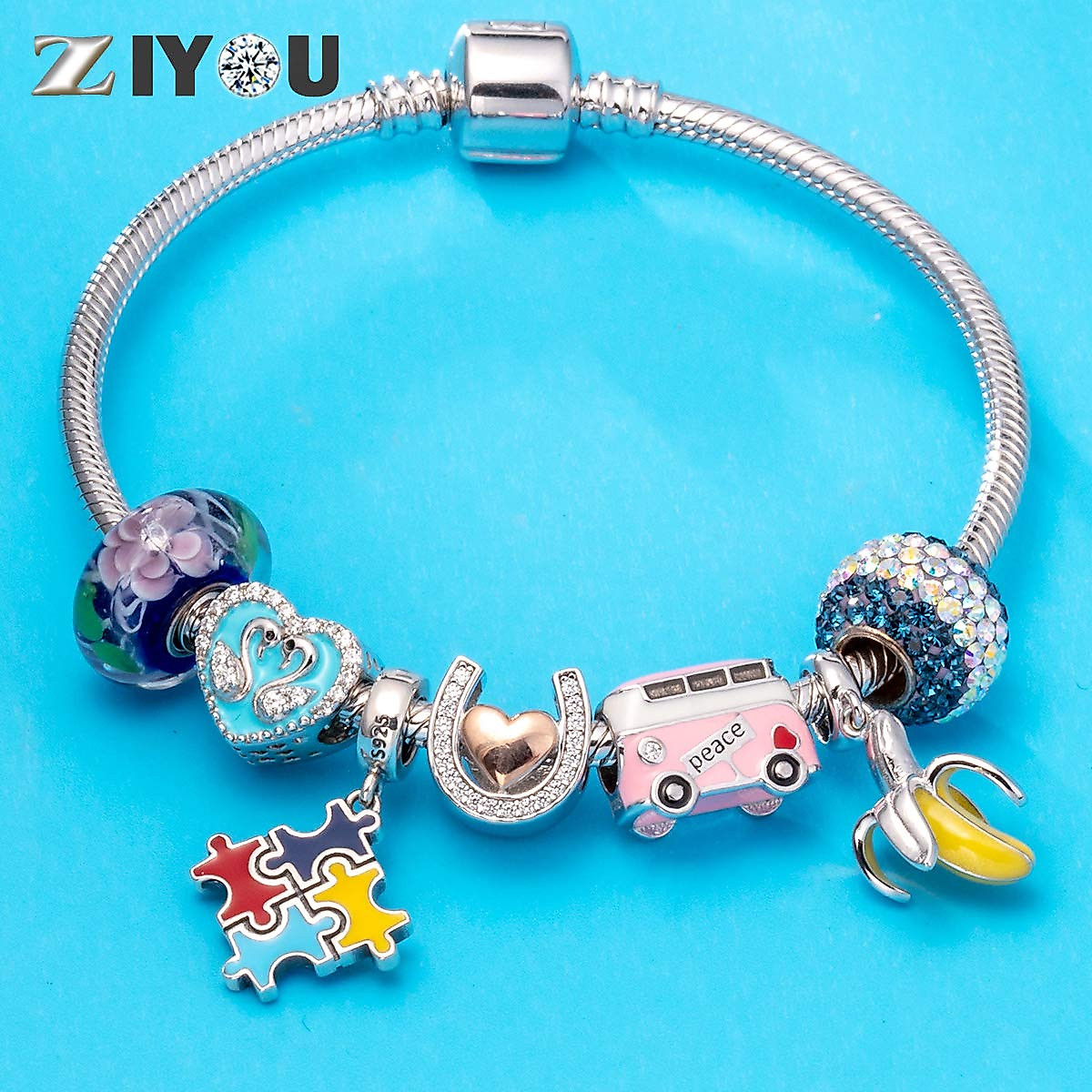 Pink Peace Bus Charms, 925 Sterling Silver with Enamel, Mini Beads fits Pandora Women Bracelets, Gifts for Travel/Mothers Day/Christmas