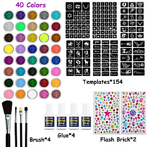 Temporary Glitter Tattoo Kit for Kids, 40 Colors Glitter, with 154 Stencils, 4 Glue, 4 Brushes, Body Glitter Make Up Kit, for Cosplay, Birthday Party, Festival Christmas
