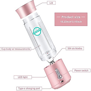 Smart Portable Blender - 17Oz Personal Blender for Smoothies and Shakes| 4000mAh Rechargeable USB Blender with 6 Blades| Blender for Sports ,Travel,Gym ,Fruit Juice Mixer, Home, Office, and Outdoors (Pink)