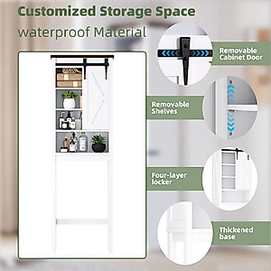 GarveeHome Over The Toilet Storage Cabinet, Farmhouse Storage Cabinet Over Toilet with Sliding Barn Door & Adjustable Shelves, above Toilet Organizer for Bathroom, White