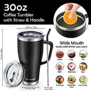 Hamino 30 oz Tumbler with Handle and Straw Lids, Double-Wall Vacuum Travel Coffee Mug with Handle, Stainless Steel Insulated Coffee Tumbler Cup for Home Office Travel HOT COLD Drinks (Black)