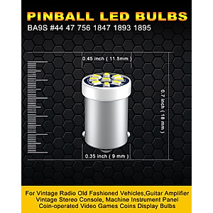 GE44 47 Pinball Machine LED Bulbs BA9S DC/AC 6.3V/6V Coin-Operated Video Old Fashioned Radio Arcade Pinball Gaming Light Bulb 755 756 1893 1895 1847,White,15 Pack