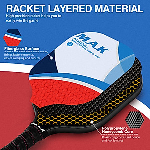 Pickleball Paddles Set of 2, Carbon and Fiberglass Face Pickleball Set, 4 Indoor Outdoor Balls, 2 Cooling Towels, Pickleball Bag, Lightweight Pickleball Paddle Gifts for Men Women (Fiberglass Style-1)