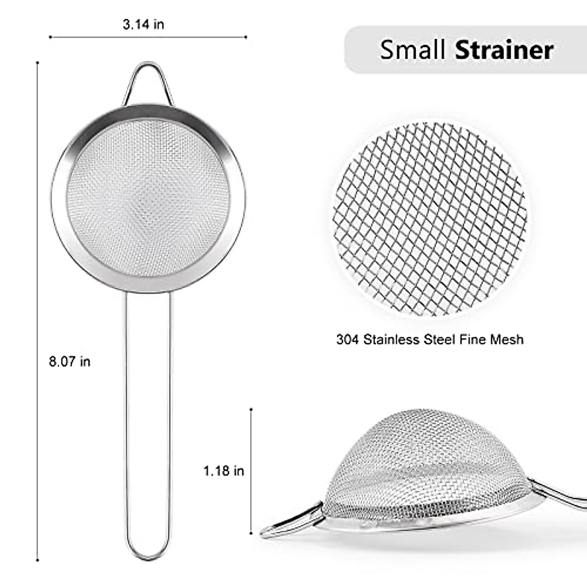 D Fine Mesh Strainer, Stainless Steel Sieve Sifter with Handle, Small Metal Strainer for Loose Tea, Juice, Drink, Herbs, Mini Sifter for Flour, Matcha, Kitchen, Baking, 3-Inch