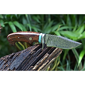 TIGEROUS Handmade Damascus Hunting Knife with Scout Horizontal Carry Leather Sheath Fixed Blade Full Tang for Camping, Hiking, Skinning,Survival (Deer Hunter) (Apo)