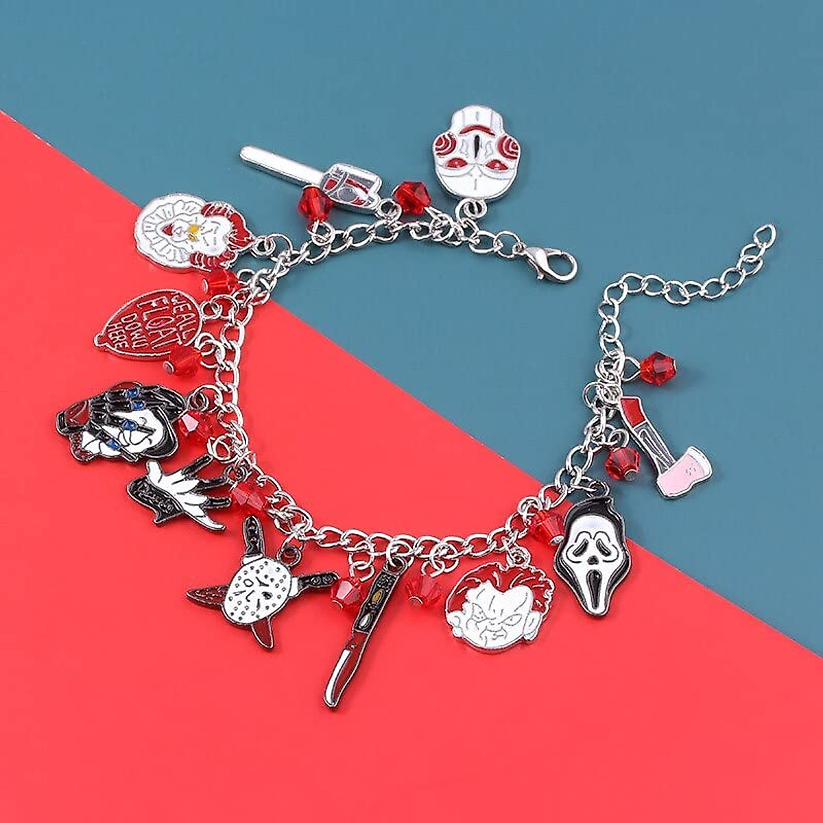 Blingsoul Classic Horror Movie Charm Bracelet For Women - Chaki Merchandise Halloween Jewelry for Women Men | [J100029] Jasun Vorhes | Red/Silver