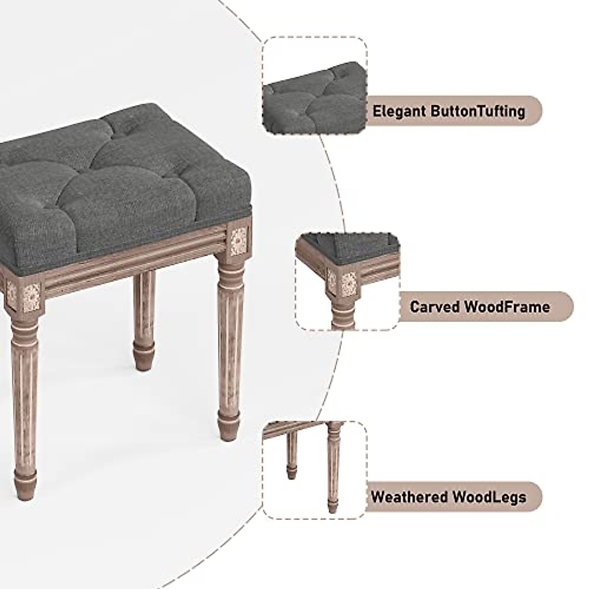 Yusong Vanity Stool Upholstered Bench Seat for Makeup Room, Vintage Small Bedroom Dining Bench with Tufted Fabric for Living Room, Piano Stool with Rustic Wood