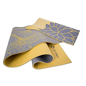 CAP Yoga Mat with Carry Strap, 5mm, Reversible Dahlia Design, Yellow/Gray