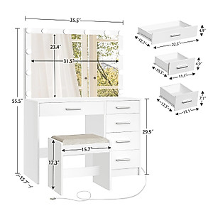 usikey Makeup Vanity with 12 Lights, Vanity Desk with Power Outlet, Makeup Vanity Table with 5 Drawers, Large Mirror, Dressing Vanity Table with Stool for Bedroom, Bathroom, White