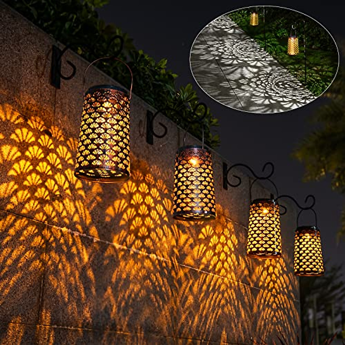 JSOT Solar Lanterns,4 Pack Hanging Outdoor Lights Waterproof Metal Solar Pathway Lights Landscape Lighting Garden Backyard Decorative Lamp for Walkway Path Patio Porch 2 Light Modes Amber/Cool White