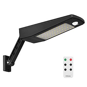 Outdoor Solar LED Wall Light IP65 Waterproof Area Security Night Lighting Wireless Dusk to Dawn Motion Sensor Lamp Remote Controlled 4 Working Modes for Garden, Fence, Patio, Yard, 900LM 6000K
