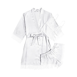 MAXMODA Sexy Pajamas for Women Silk Sleepwear Set 3/4 Sleeve Robes with Belt 3 Piece Satin Pjs Sets Snow White