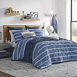 Nautica | Keller Collection | Ultra Soft & Cozy Silky Microfiber Reversible Box Quilted Comforter Matching Shams, 3-Piece Bedding Set, Queen, Blue/Grey