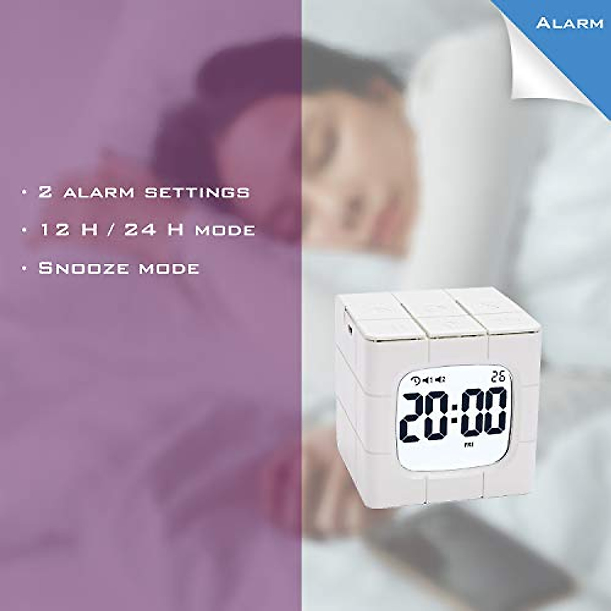 Digital Time Cube with Calendar, 2 Alarm Settings, Night Light, 1-60 Minutes Timer. 10 Level Brightness. (White/White Button/White SCRENN) Magic Cube Design