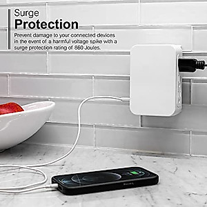 GE Pro 5-Outlet Extender with 2 USB Ports, Surge Protector, Side Access, Wall Tap Adapter, 3-Prong, 860 Joules, 2.4 AMP/12 Watt Ultra-Charge, Warranty, UL Listed, White, 39670