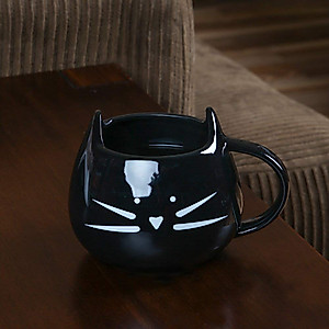 Home-X - Mug Warmer, Multipurpose Heating Pad for Desktop Heated Coffee & Tea or Candle & Wax Warmer, Red Finish and Ceramic Cat Coffee and Tea Mug, Black