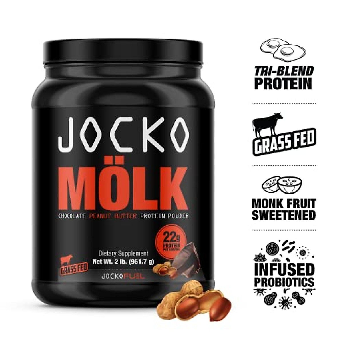 Jocko Mölk Whey Protein Powder (Chocolate Peanut Butter) - Keto, Probiotics, Grass Fed, Digestive Enzymes, Amino Acids, Sugar Free Monk Fruit Blend - Supports Muscle Recovery and Growth - 31 Servings