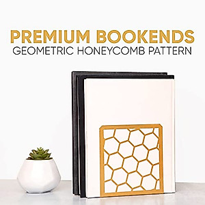 Premium Geometric Gold Honeycomb Bookends for Shelves, Metal Book Ends for Office, L-Shaped Book Stopper, Rustproof Bookends Decorative Unique for Home, 6.25 (L) x 6 (W) inches, 1 Pair - Geomod