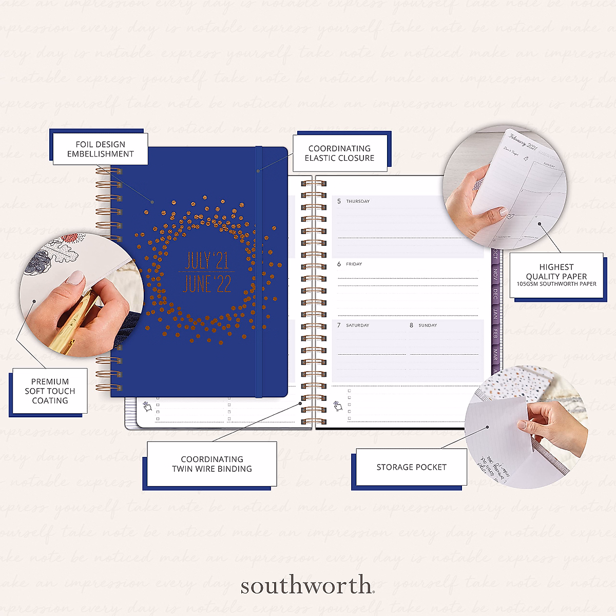 Southworth Academic Planner (July 2021-June 2022), 7" x 9.25", Bright Floral Burst, 28 lb./105 gsm Paper, Medium Twin Wire (92115)