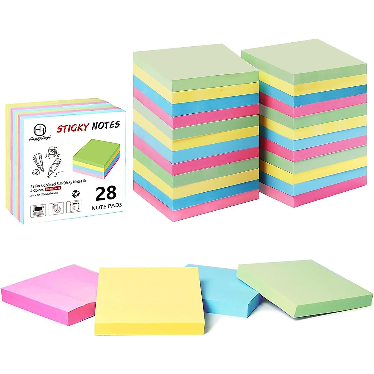 Sticky Notes 3x3 Inches Bulk 28 Pack 2800 Sheets Colored Self-Stick Pads, 100 Sheets/Pad, 4 Bright Colors (Yellow, Green, Pink, Blue) for Office Supplies, School, Home