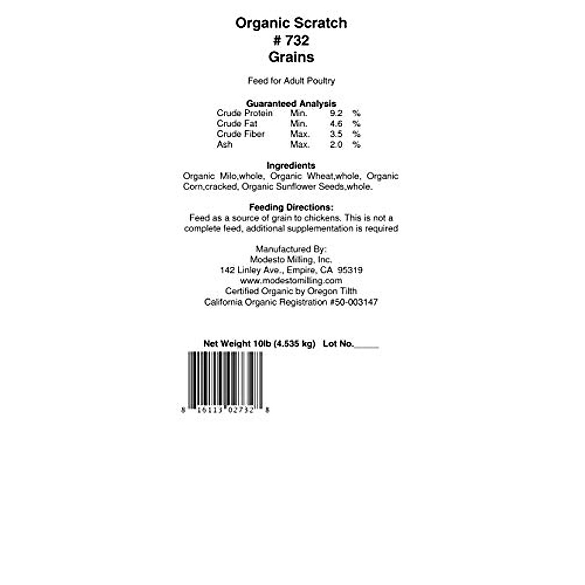 Modesto Milling Organic, Non GMO Scratch, 10 lbs; Item# 732