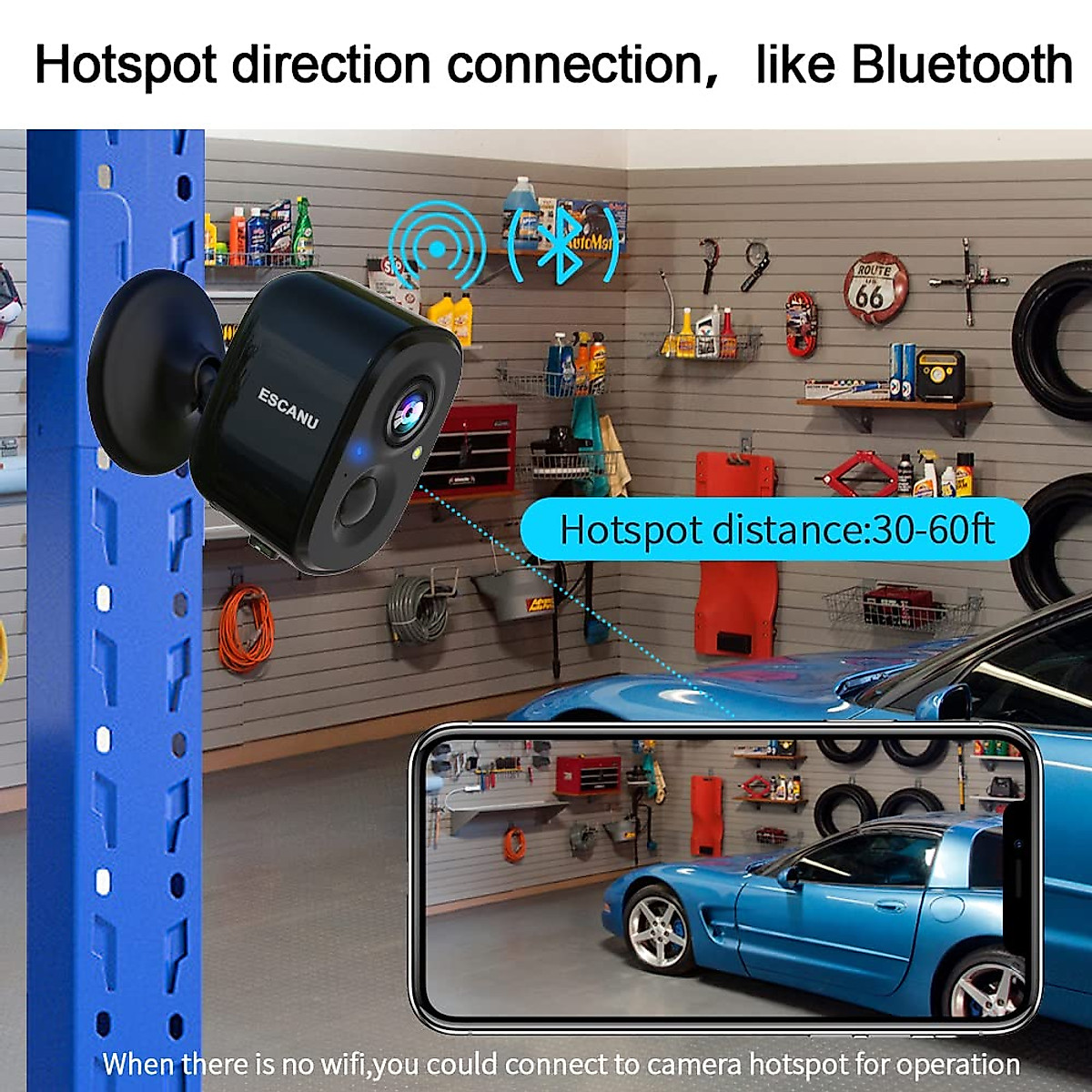 ESCANU Wireless Outdoor Security Camera Battery Rechargeable,WiFi AI Motion Detection Camera for Home Security with 2-Way Audio,Night Vision,Spotlight,1080P Full HD,Black Camera