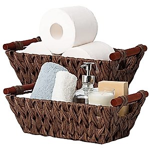 GRANNY SAYS Wicker Storage Baskets, Waterproof Wicker Basket with Handles, Woven Storage Bins for Pantry Kitchen and Bathroom, Brown, 2-Pack