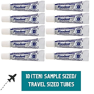 Fixodent Travel Sized/Pocket Sized Professional Denture Adhesive Cream Tubes, TSA-Approved Travel Sized Denture Adhesive with 1 Spark Dental Travel Zipper Pouch (Pack of 10 Tubes)