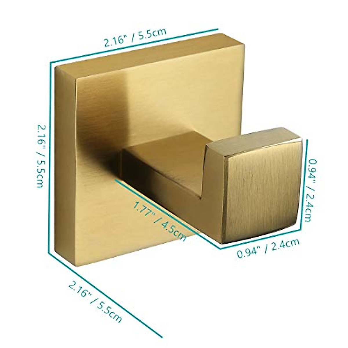 VELIMAX Premium Stainless Steel Towel Hook Square Robe Hook Coat Hook Heavy Duty Wall Mounted Luxury Hooks for Bathroom Hotel, Brushed Gold, 2-Pack