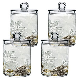 Kigai 2PCS Tropical Leaves Qtip Holder Dispenser with Lids - 14 oz Bathroom Storage Organizer Set, Clear Apothecary Jars Food Storage Containers, for Tea, Coffee, Cotton Ball, Floss