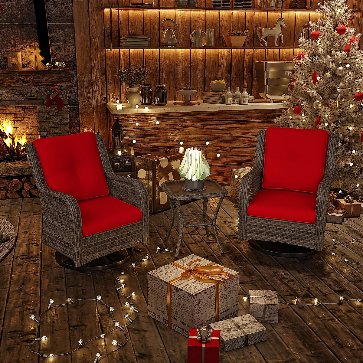 MeetLeisure Outdoor 360 Degree Swivel Rocker Patio Chairs Sets of 2 and Matching Side Table - 3 Piece Patio Wicker Glider Chairs with Olefin Cushions(Mixed Grey/Red)