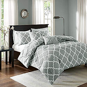 Madison Park Essentials Kasey Cozy Comforter Set - Fretwork Design, All Season Bedding with Matching Shams, Decorative Pillow, Queen (90in x 90 in), Diamond Grey Comforter 5 Piece