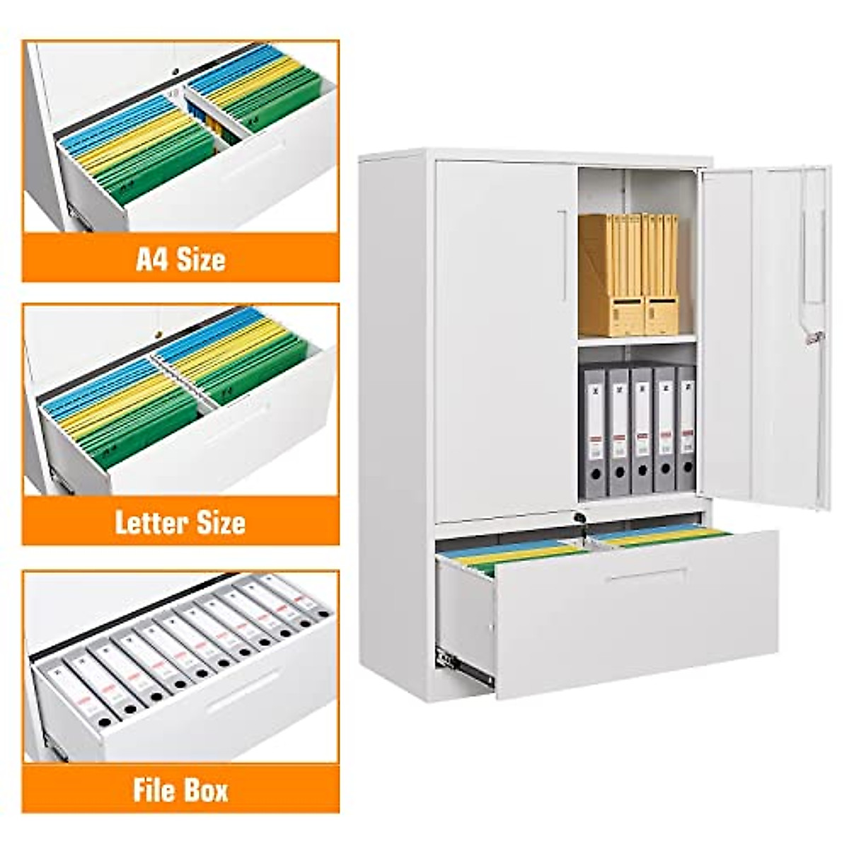 ZAOUS File Cabinet 1 Drawer, Metal File Cabinet with Lock, Lateral Filing Cabinet with Doors & Adjustable Shelves for Home Office, Living Room, Pantry, Gym, Basement, Warehouse, White