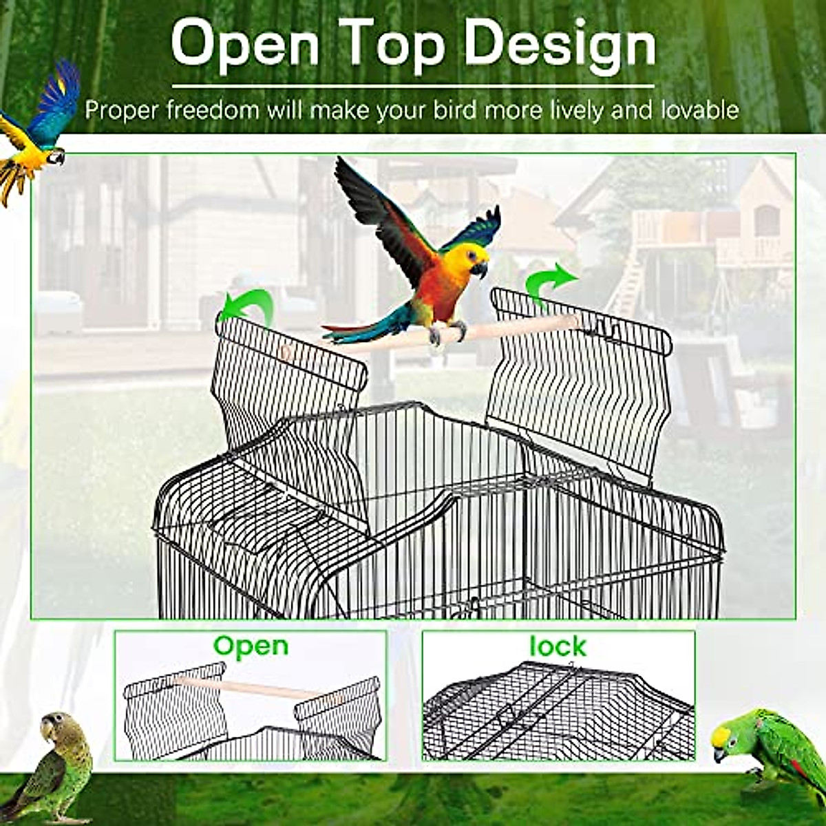 Jehiatek 59 Inch Bird Cage with Rolling Stand, Parakeets Cage with Open Top Roof, Tall Bird Cage Metal Bird Cage for Medium Small Cockatiel Canary Conure Finches, Black, Easy to Install