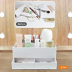 Keep-IT-Sleek Hair Tool Organizer with 2 Drawers & a Silicone Mat, White Acrylic Blow Dryer Holder for Bathroom, Countertop, & Vanity with 3 Heatproof Steel Cups