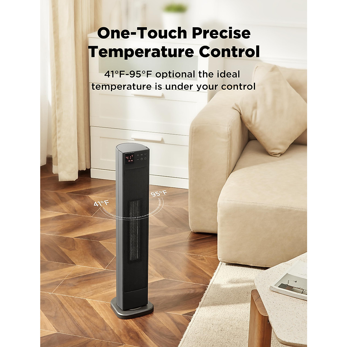 PELONIS 30” Ceramic Tower Space Heater with Adjustable Thermostat for Large Room, 75° Oscillation, Remote Control & 12H Timer, Tip-Over Switch & Overheating Protection, 1500W, PHF15RSAPH30, Black